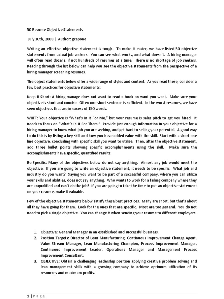 50 Resume Objective Statements | PDF | Sales | Chief Information Officer