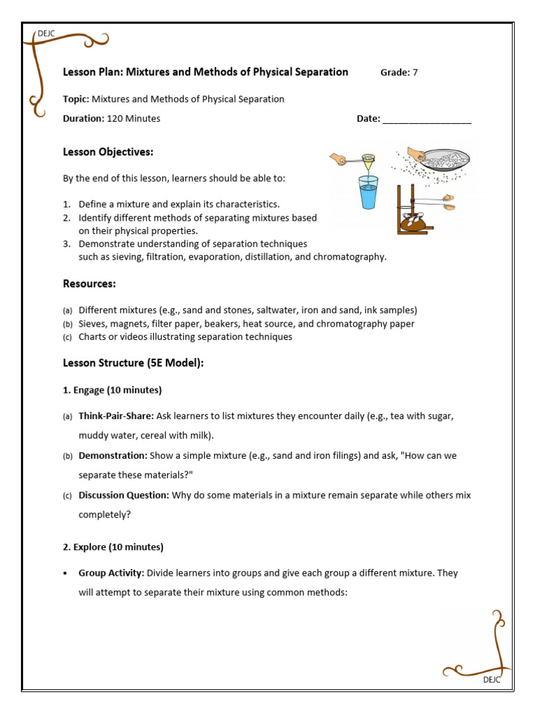 Grade 7 SEPARATING Mixtures Lesson Plan | PDF | Mixture | Filtration