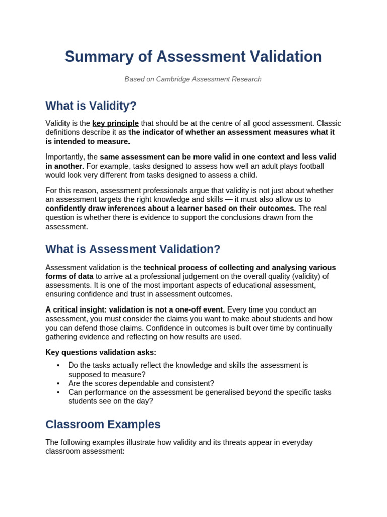 Assessment Validation Summary | PDF | Educational Assessment | Validity ...