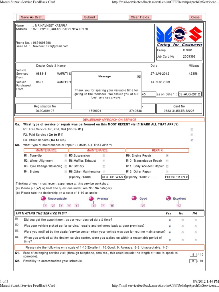 Maruti Suzuki Service FeedBack Card | PDF | Motor Vehicle | Automobiles
