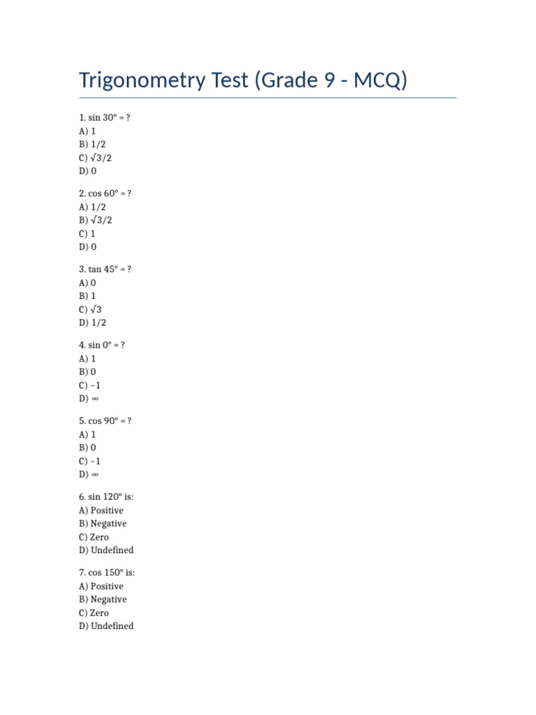 Trigonometry Test | PDF