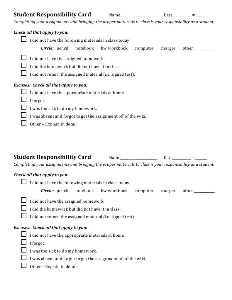 Student Responsibility Card