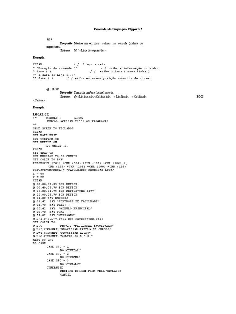 Comandos Da Linguagem Clipper 5 | PDF | Arquivo de texto | Dados
