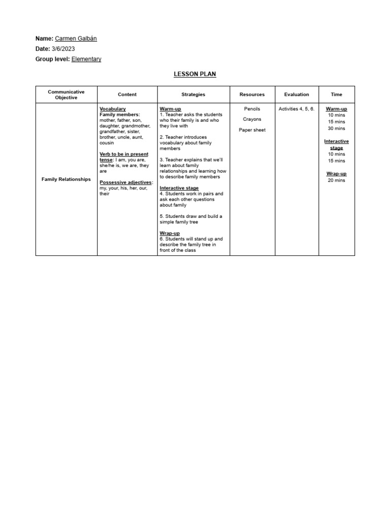 Lesson Plan on Family Relationships | PDF | Grammar | Language Families