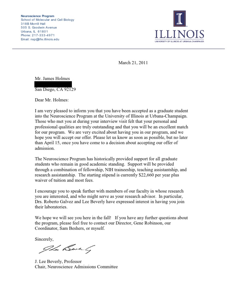 James Holmes University of Illinois Acceptance Letter | PDF