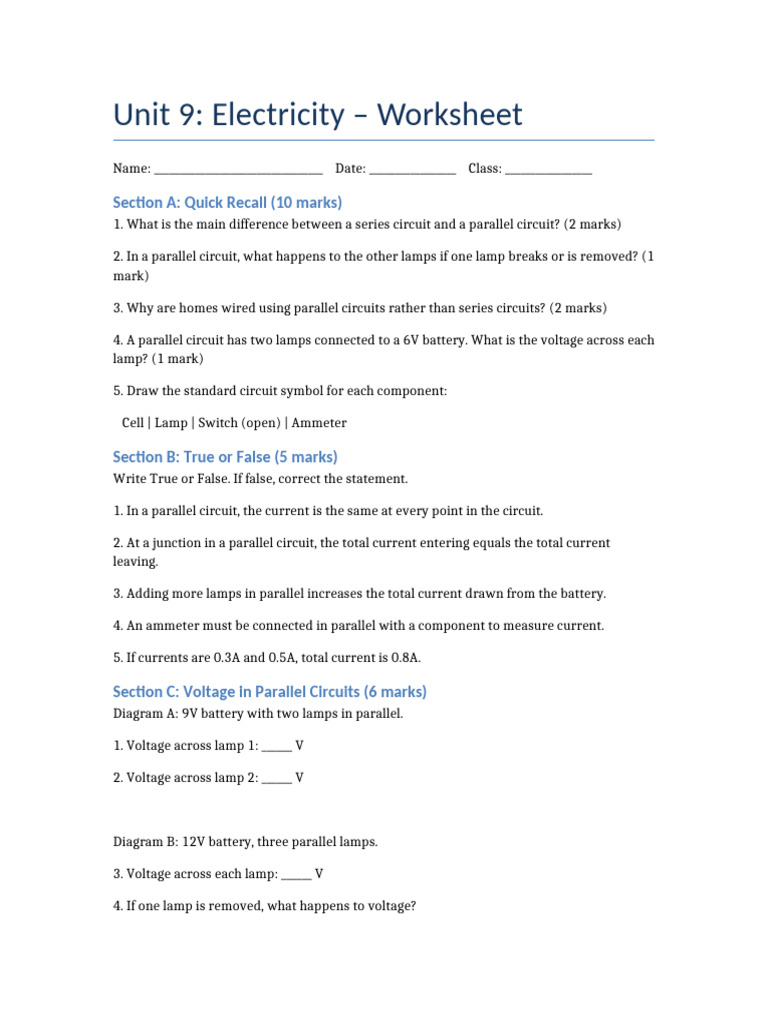 Unit9 Electricity Worksheet | PDF