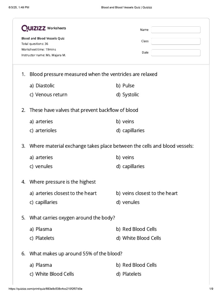 Blood and Blood Vessels Quiz | PDF