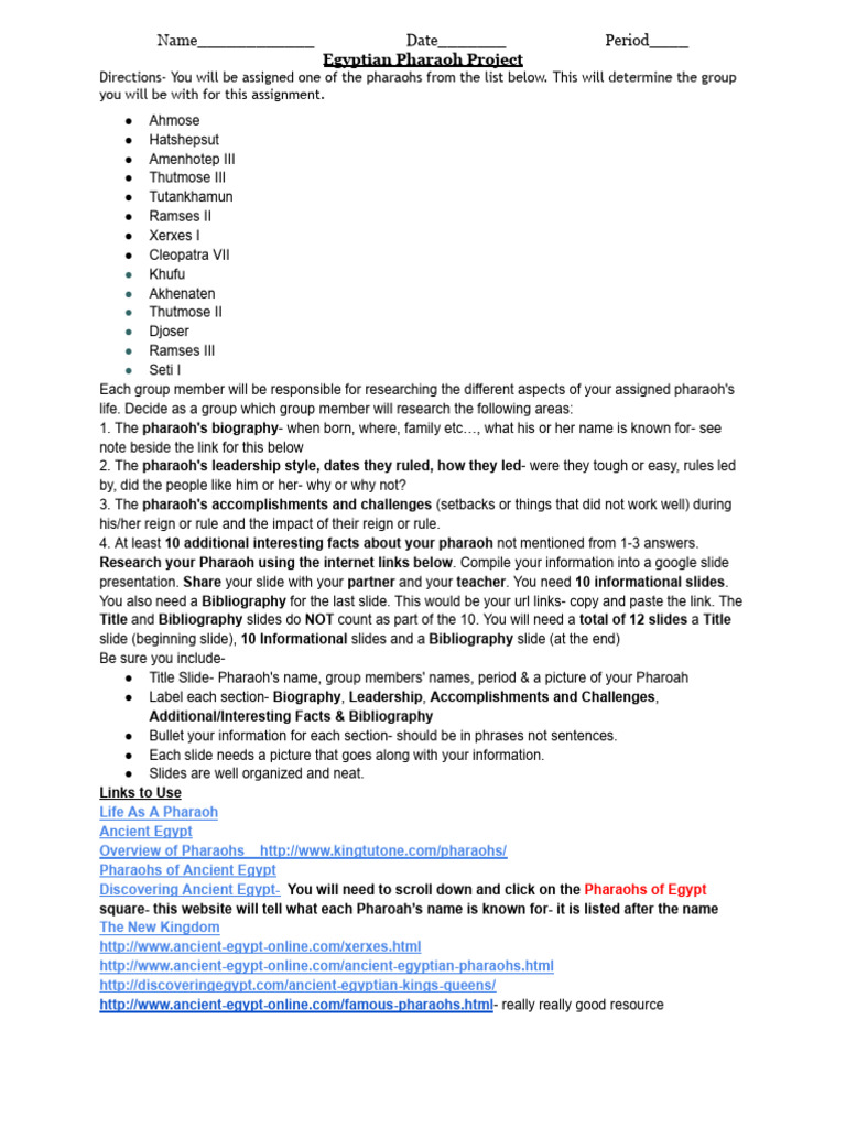 Egyptian Pharaoh Project Directions | PDF | Hatshepsut | Ancient Asia