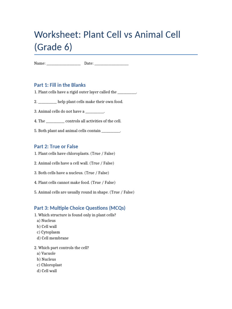 Plant vs Animal Cell Worksheet-2 | PDF