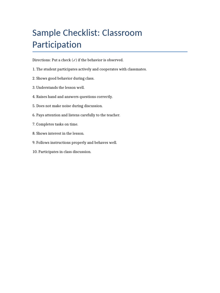 Sample Checklist Classroom Participation | PDF