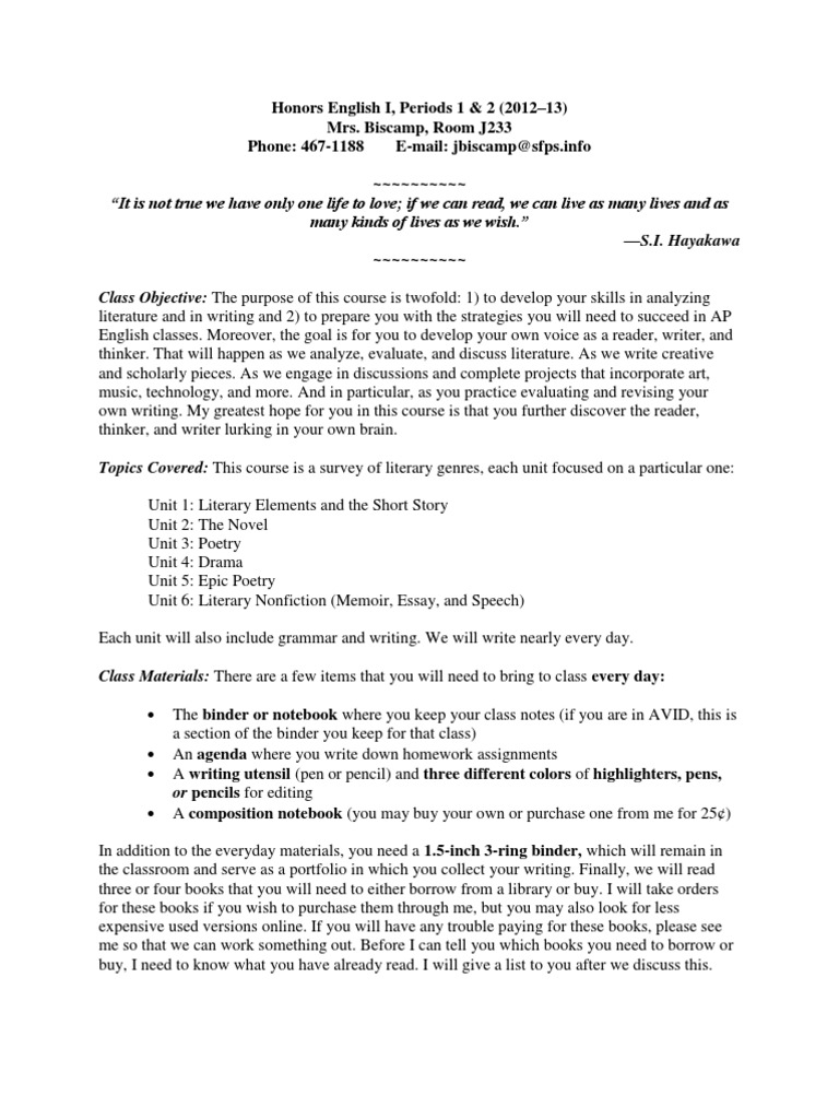 Honors English I Syllabus | PDF | Homework | Classroom