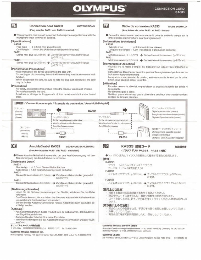 Olympus Connection Cord KA333 Instructions | PDF | Sound Production ...