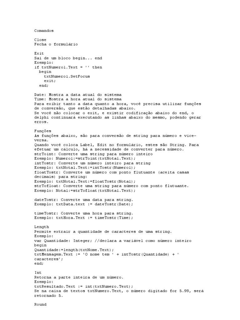 Comandos Delphi | PDF | Raiz quadrada | Teclado de computador