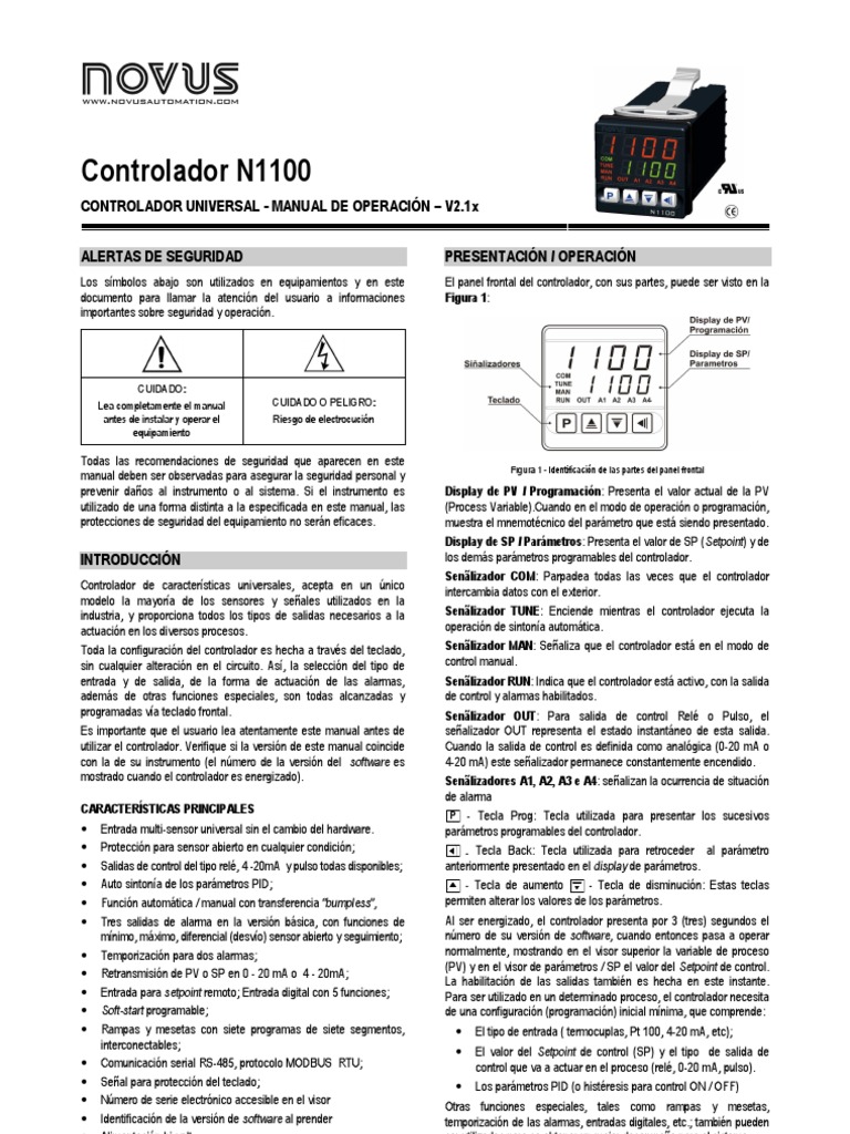 Manual del Controlador Novus N1100 | PDF | Par termoeléctrico | Relé