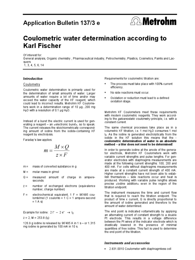 Coulometric Water Determination Guide | PDF | Electric Current | Chemistry