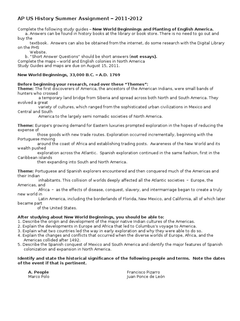 AP US History Summer Assignment 2011 2012 | PDF | Native Americans In ...