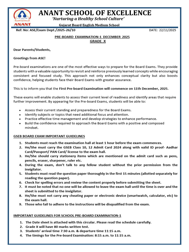 Grade 10 Pre-board -1 Circular Date sheet 2025 | PDF