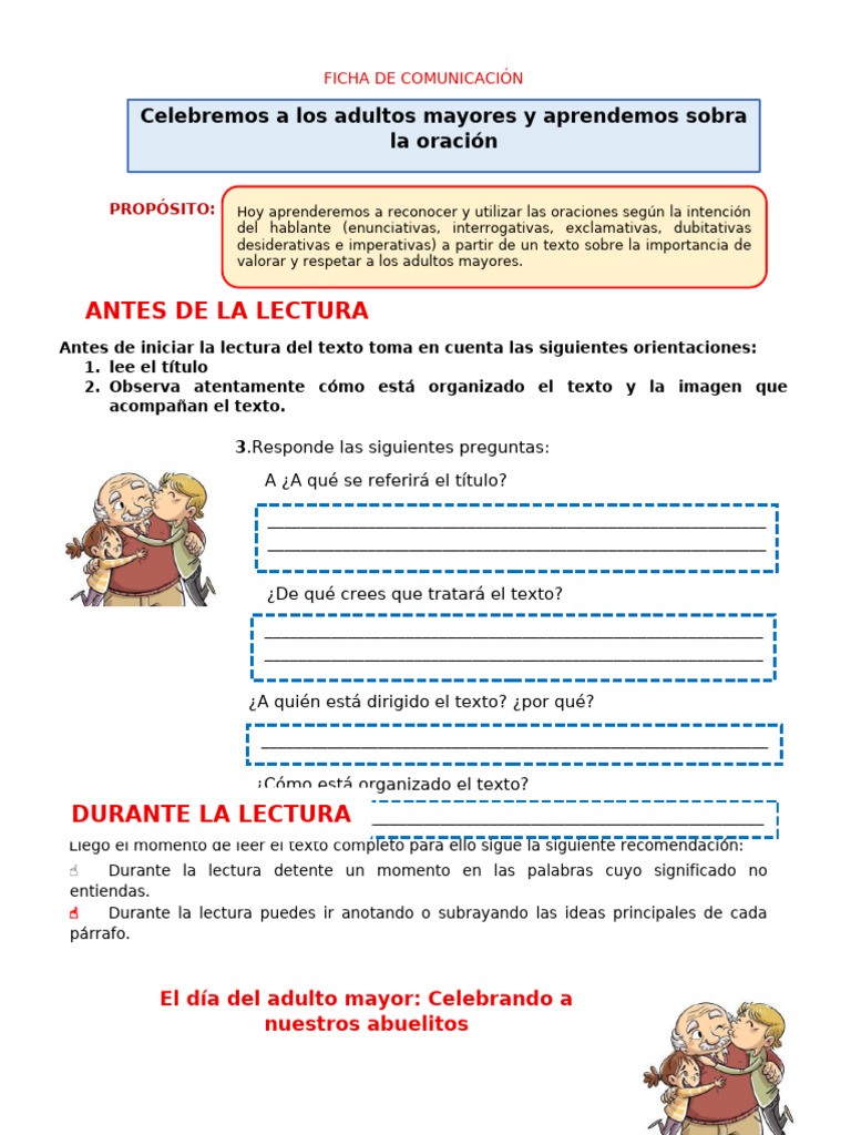Ficha Comu Lun 25 Adulto Mayor y Clases de Oraciones Fb Maestras de ...