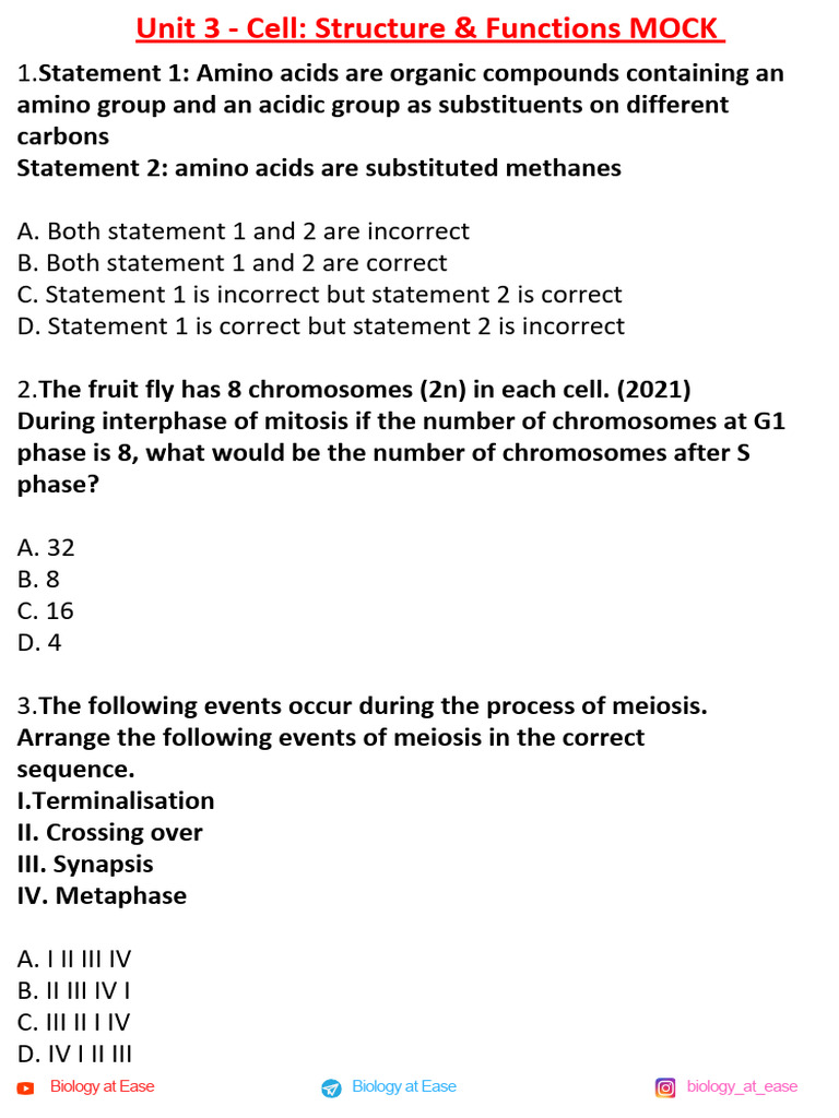 Unit 3 - Cell Structure & Functions | PDF | Meiosis | Enzyme