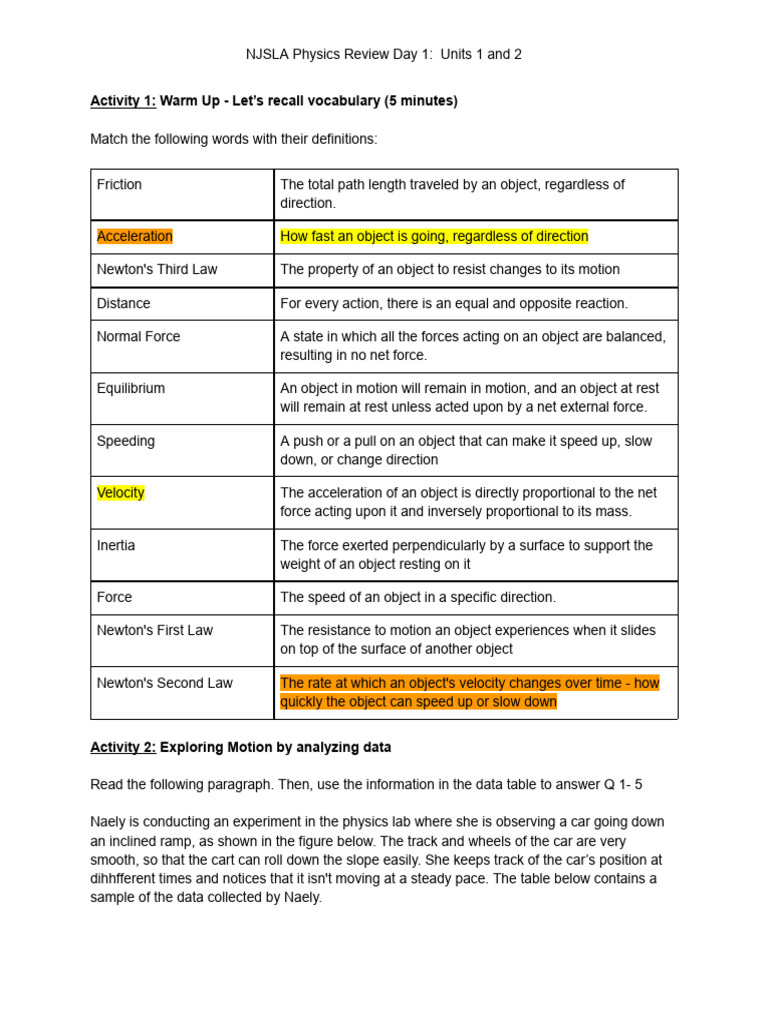 _- Physics Day 1 - Motion and Forces Packet - 19996427 | PDF | Force ...