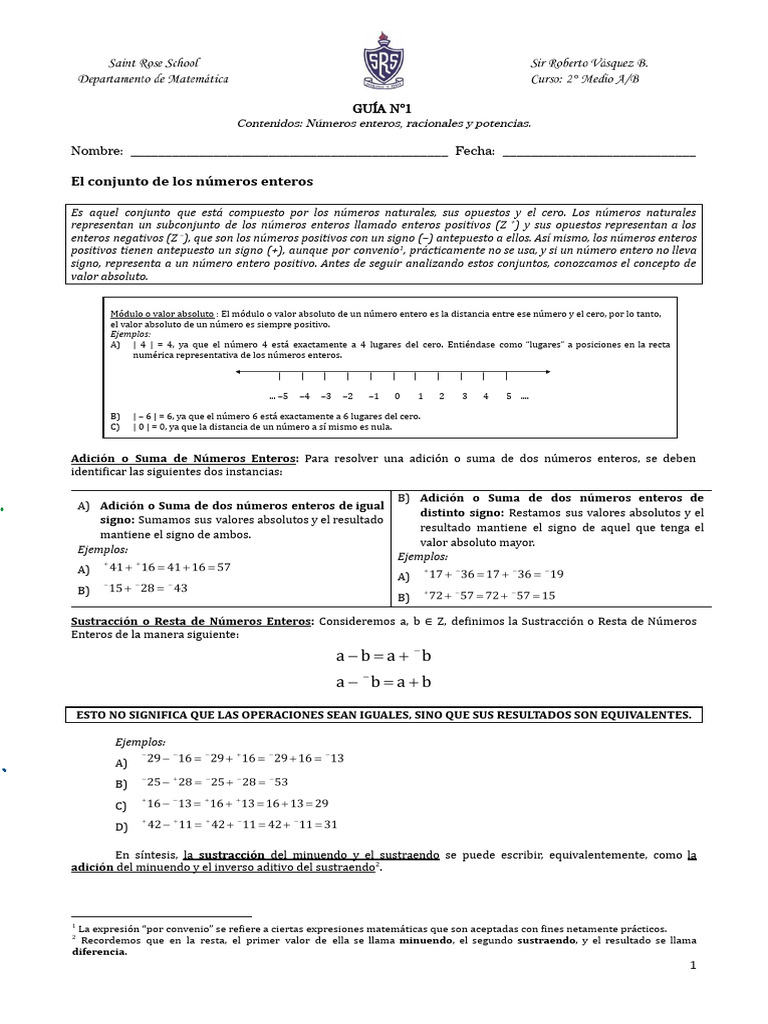 2M - Guía 1 - Nos Enteros y Racionales + Potencias CR.docx | PDF ...