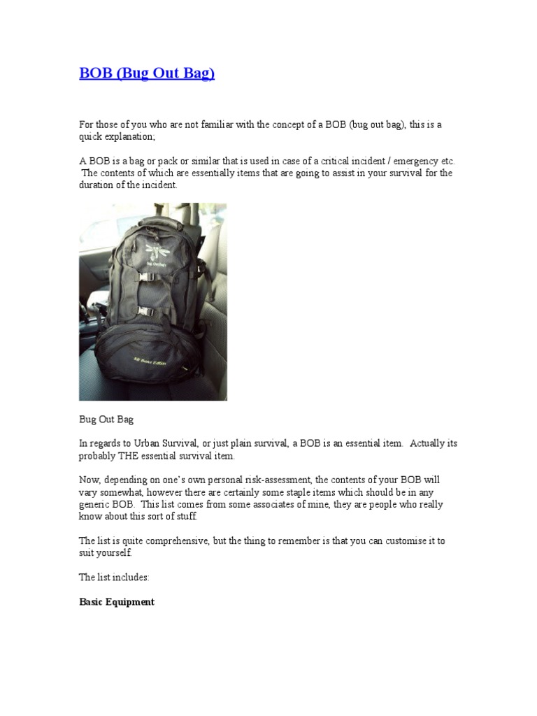 BOB (Bug Out Bag) : Basic Equipment | PDF | Equipment | Nature