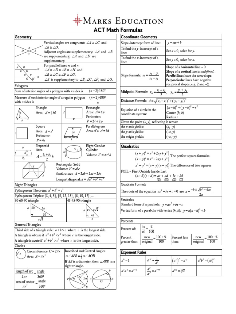 ACT Formula Sheet 1 | PDF | Area | Angle