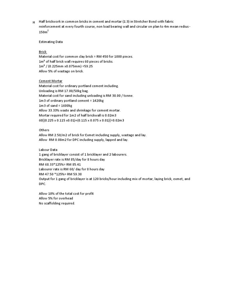Brickwall Estimating With Calculation and For Referrence | PDF | Brick ...