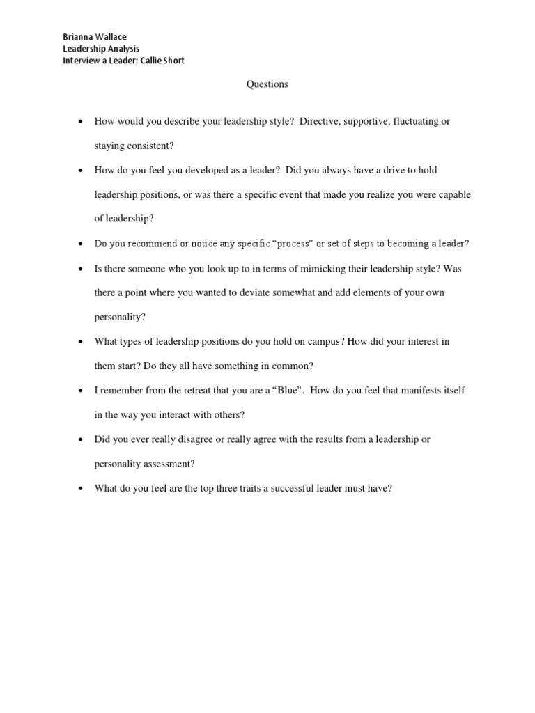 Brianna Wallace Leadership Analysis Interview A Leader: Callie Short ...
