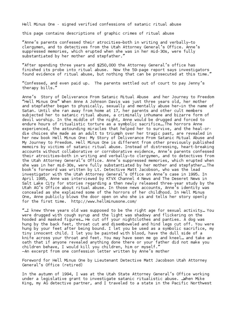 Hell Minus One - Signed Verified Confessions of Satanic Ritual Abuse ...