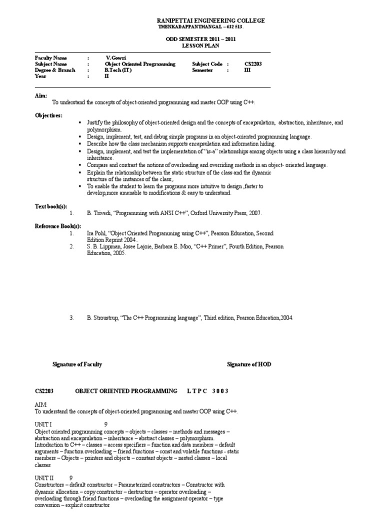 Oops Lesson Plan C Constructor Object Oriented