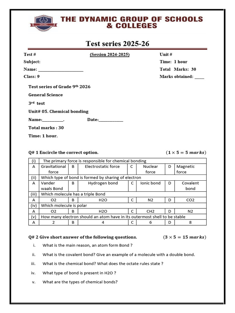 Grade 9 General Science 3rd Test | PDF | Chemical Bond | Covalent Bond