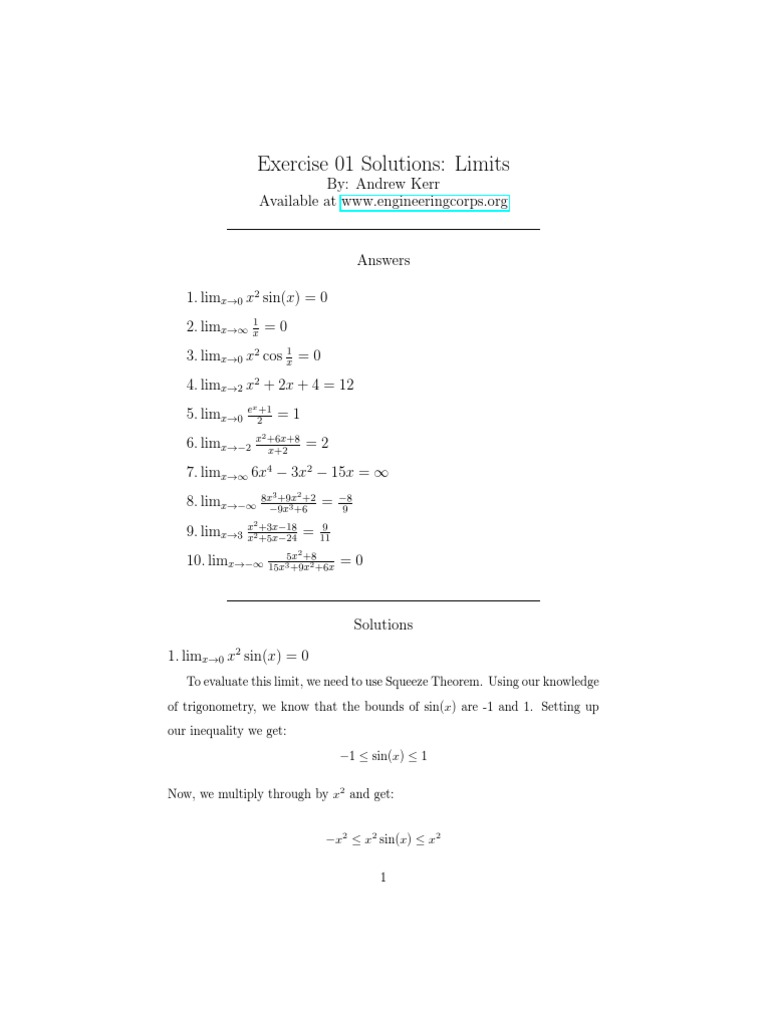 Exercise 01 Limits (Solutions) | PDF | Trigonometric Functions | Discrete Mathematics