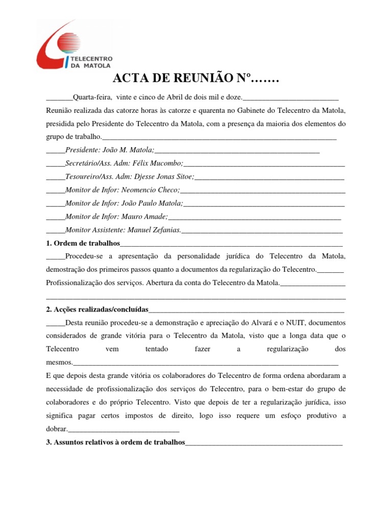 Acta De Asamblea Ejemplomodelo De Acta De Reuniao Pdf
