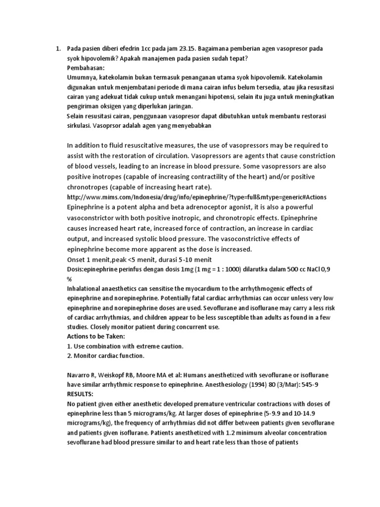 Manajemen Syok Hipovolemik dan Vasopressor | PDF | Epinephrine | Heart