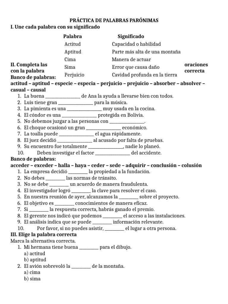 Práctica de Palabras Parónimas - 2026 | PDF