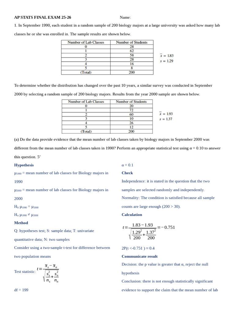 AP Stats Final Exam 25-26 | PDF | Statistics | Sampling (Statistics)
