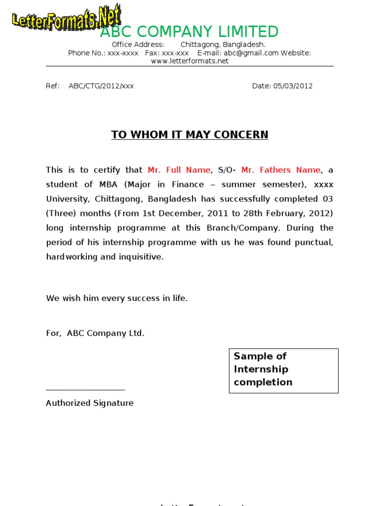 Summer Internship Completion Certificate Format