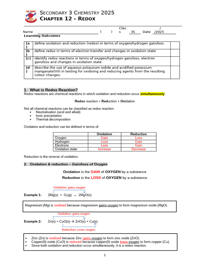 Sec 3 Redox (Teacher)_updated | PDF | Redox | Chlorine