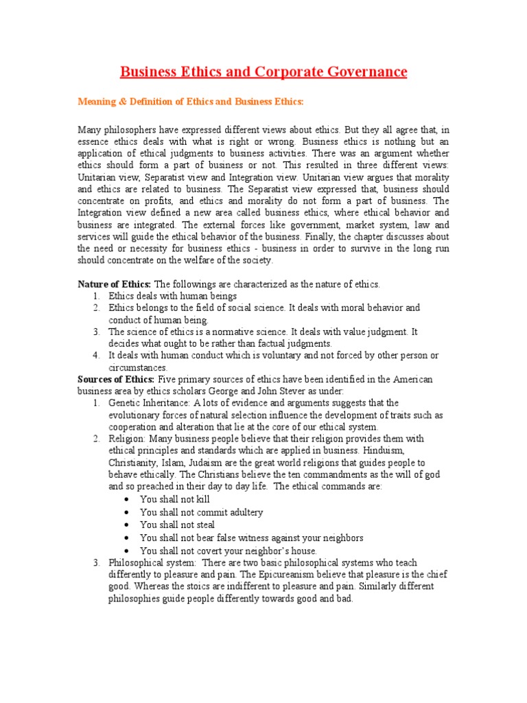 Business Ethics and Corporate Governance | PDF | Corporate Governance ...