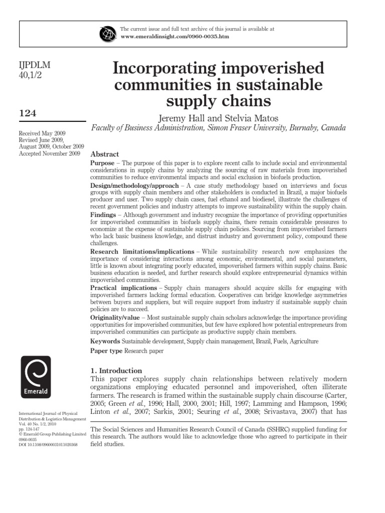 Incorporating Impoverished Communities in Sustainable Supply Chains ...