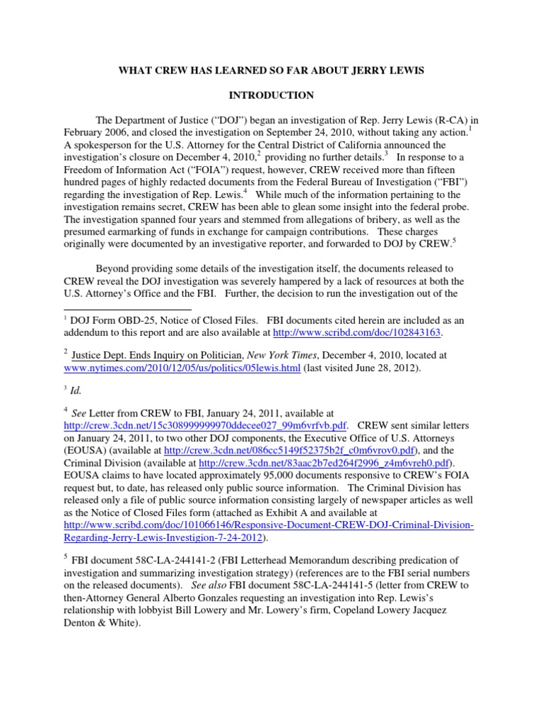 Jerry Lewis Investigation Report CREW FBI FOIA 08-14-12 | PDF | Federal ...