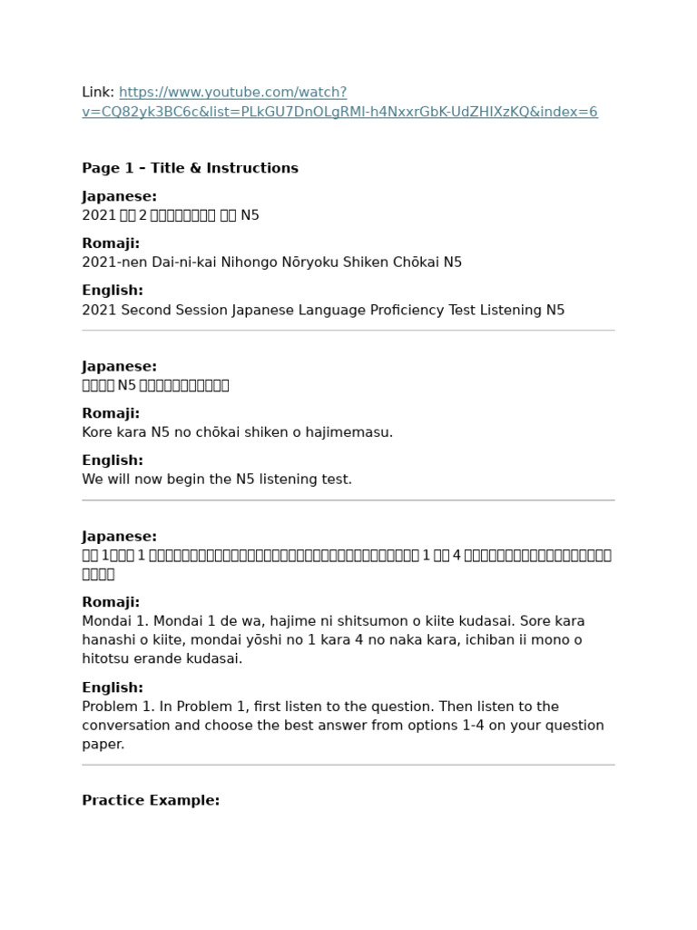 JLPT N5 JAPANESE LISTENING PRACTICE TEST WITH ANSWERS 6 | PDF
