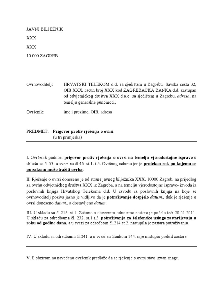 Prigovor Na Ovrhu Temeljm Vjerodostojne Isprave - Računi Koji Se ...