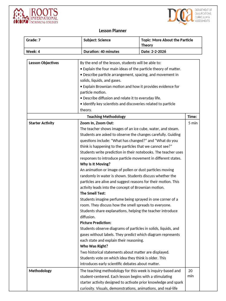 Grade 7 Week 4 Lesson Plan | PDF | Diffusion | Theory