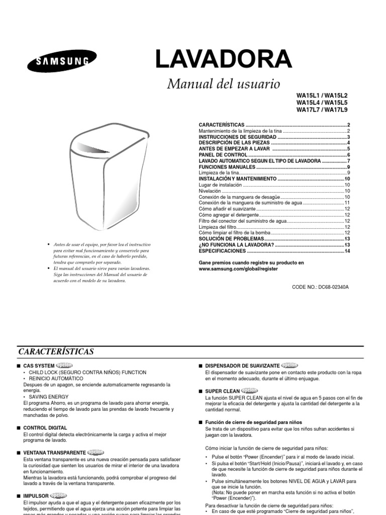 Lavadora Samsung Dc68-02340a Wa17l9wdp | PDF | Enchufes y tomas de ...