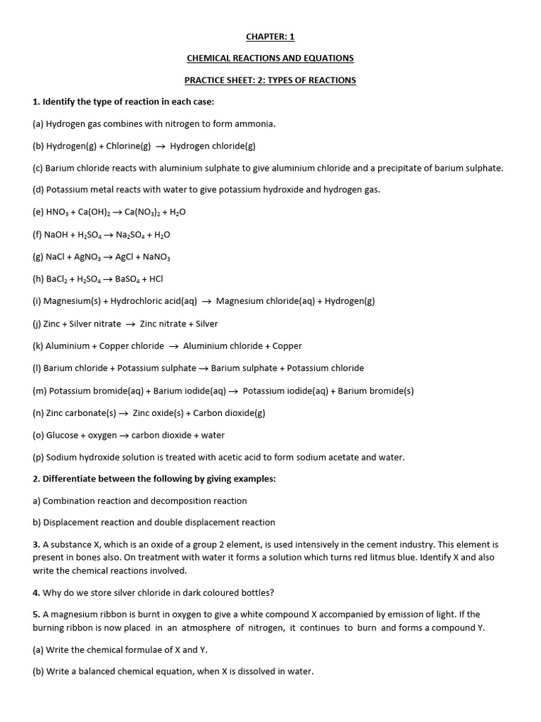 Chapter1practice Sheet 2types of Reactions | PDF