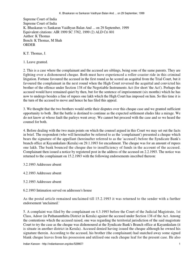 K. Bhaskaran v. Sankaran Case Summary | PDF
