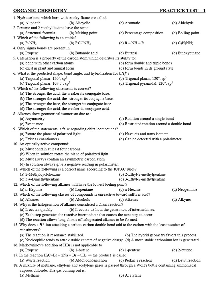 Organic Chemistry Practice Test Without Keys | PDF