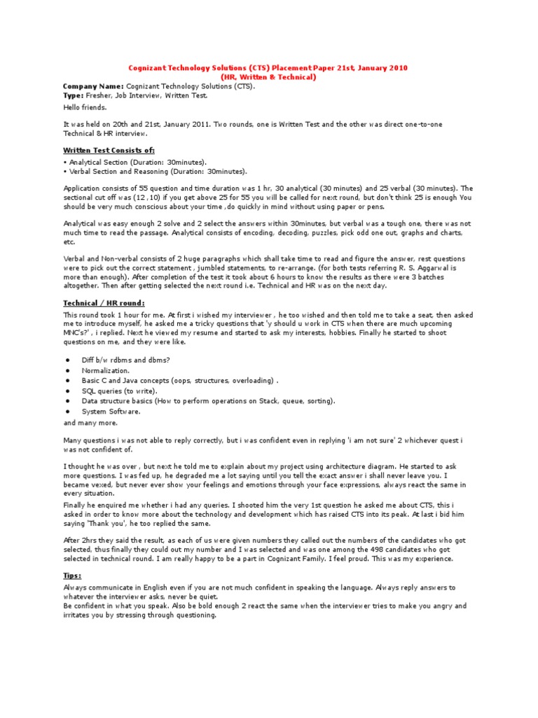 (WWW - Entrance-Exam - Net) - Cognizant Technology Solutions (CTS ...